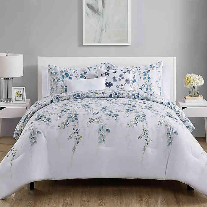 Hailey 5pcs Comforter Set Queen Blue White Maison Handal